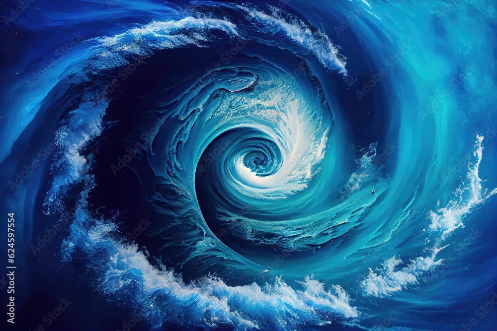 tropical cyclone spinning over calm blue ocean, with waves lapping ...