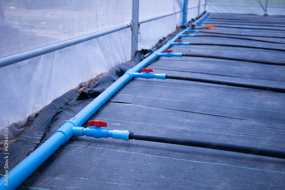 Water system in the greenhouse. Blue PVC pipes with valves of a ...