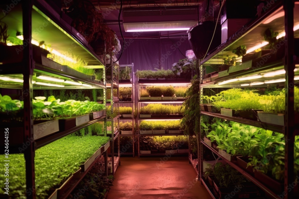 hydroponic farm with led grow lights and mist system, created with ...