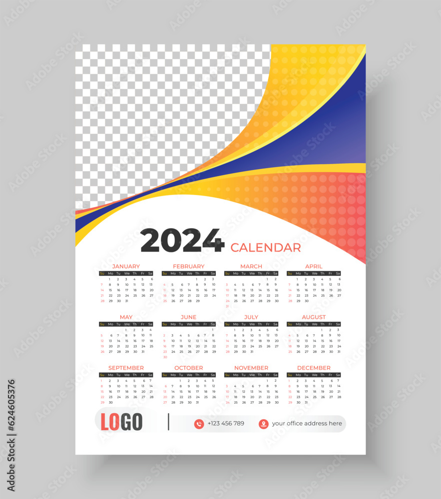 Wall Calendar 2024 Template Design. One Page Calendar. 12 Months ...
