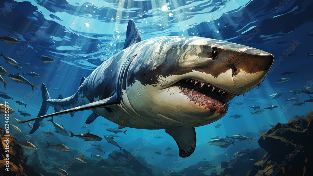 A gigantic great white shark in crystal clear water with caustic ...