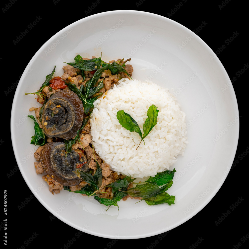 Khao Pad Ka Prao Kai Yeow Ma, Thai food, streamed rice with basil stir ...