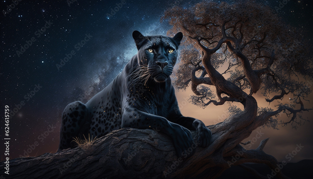 Black Panther chilling on a rock, Night sky landscape, illustration ...