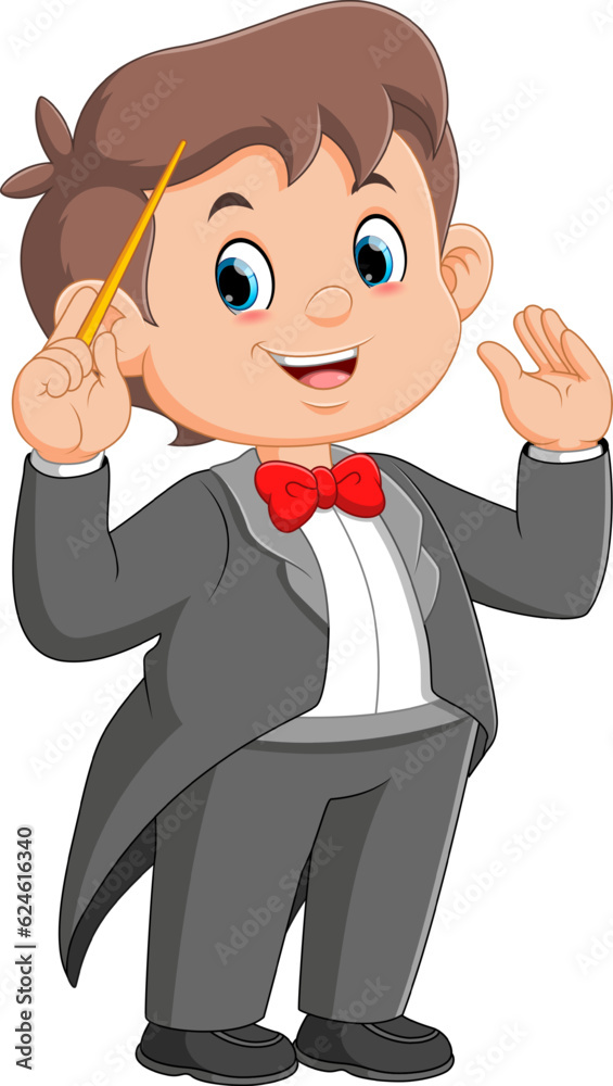 Cartoon boy conductor directing with baton Stock Vector | Adobe Stock