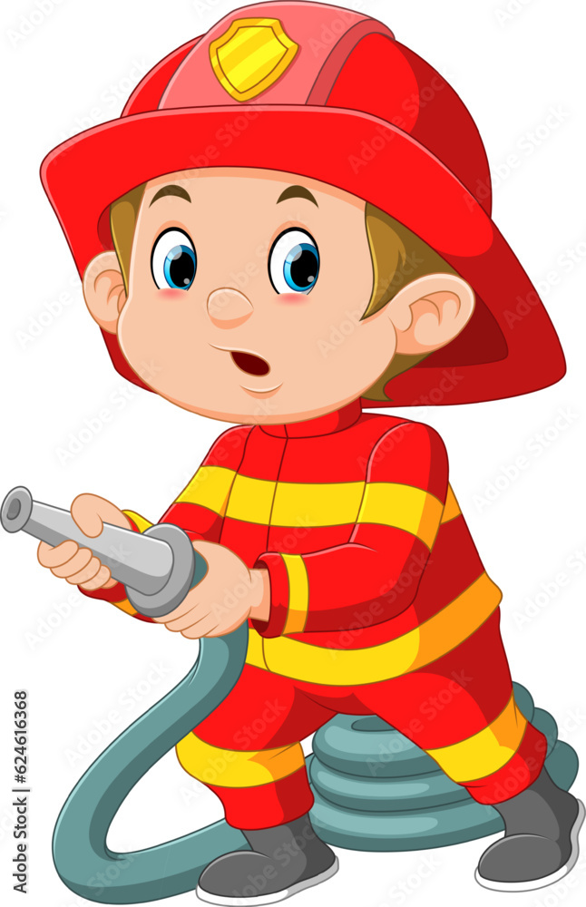 Cartoon firefighter holding a fire hose Stock Vector | Adobe Stock