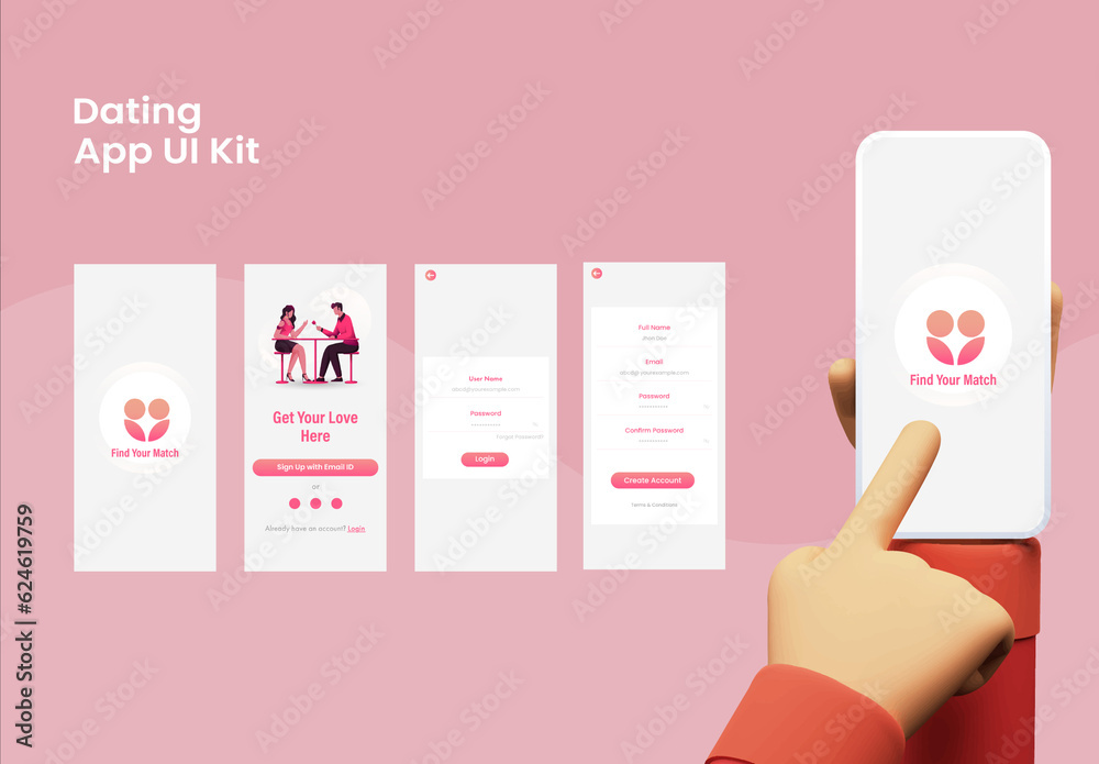 Dating App UI Kit for Responsive Mobile Application or Website with Multiple GUI Including Login ...