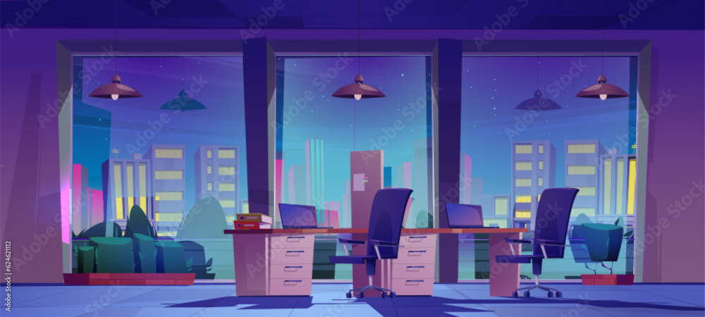 Company office interior at night. Vector cartoon illustration of dark ...