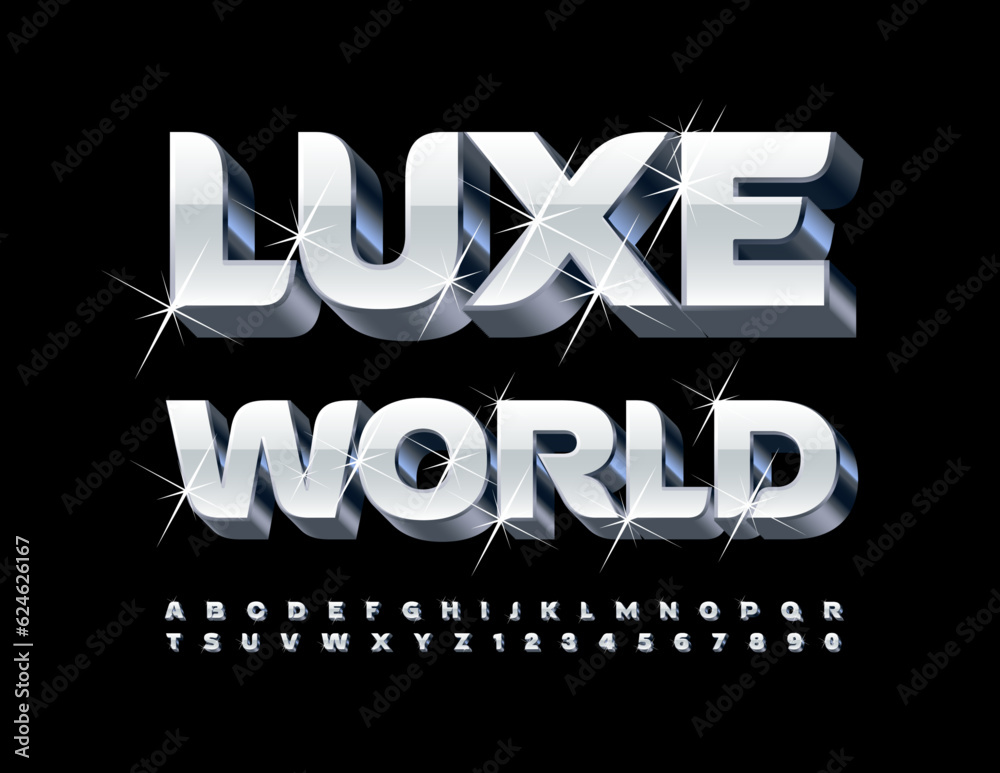 Vector chic sparkling logo Luxe World. Luxury White and Silver Font. Elite Alphabet Letters ...