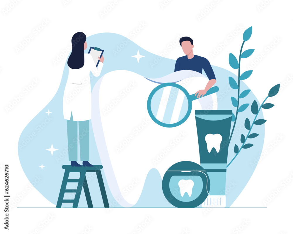 Young male examine tooth with magnifying glass, female in white coat ...