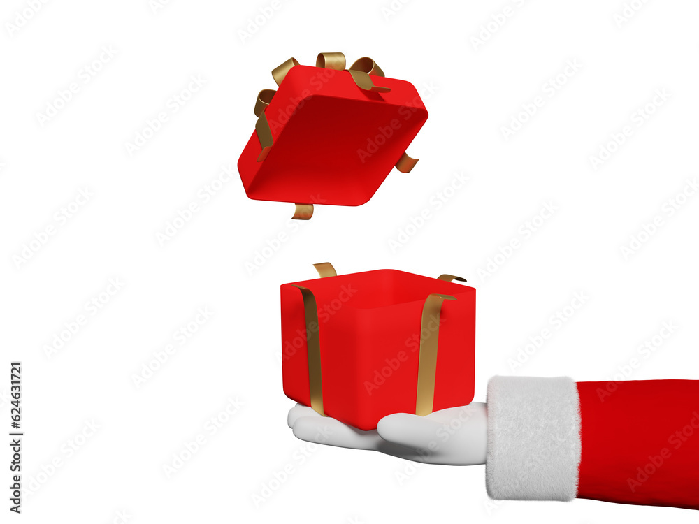 3D rendering open red Christmas gift box with gold ribbon on Santa ...