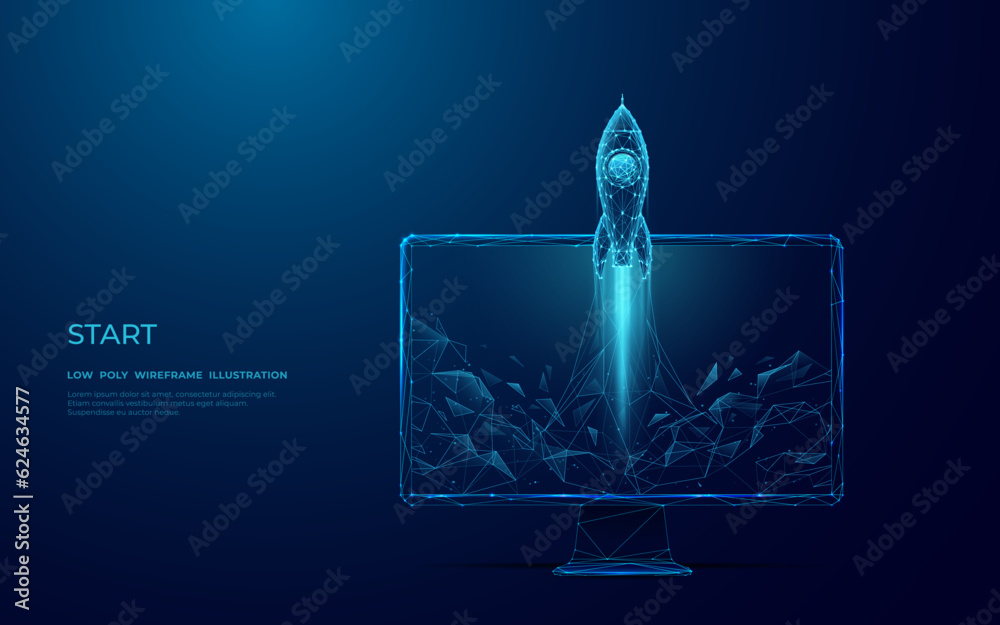 Digital Rocket Launching From The Computer Monitor Screen. Abstract ...