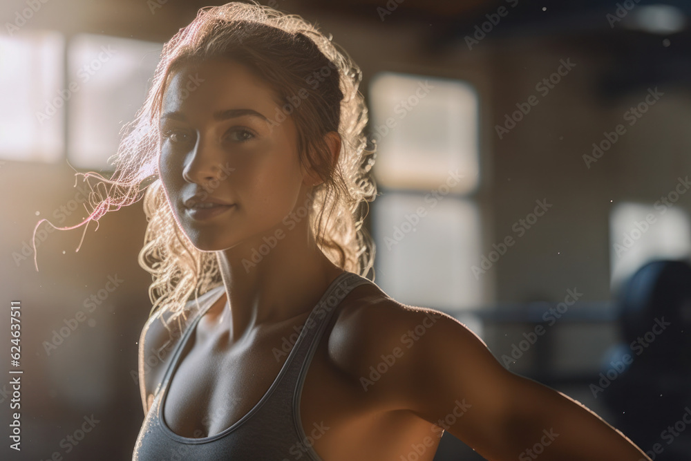 Portrait of beautiful woman working out at gym, running on treadmill ...