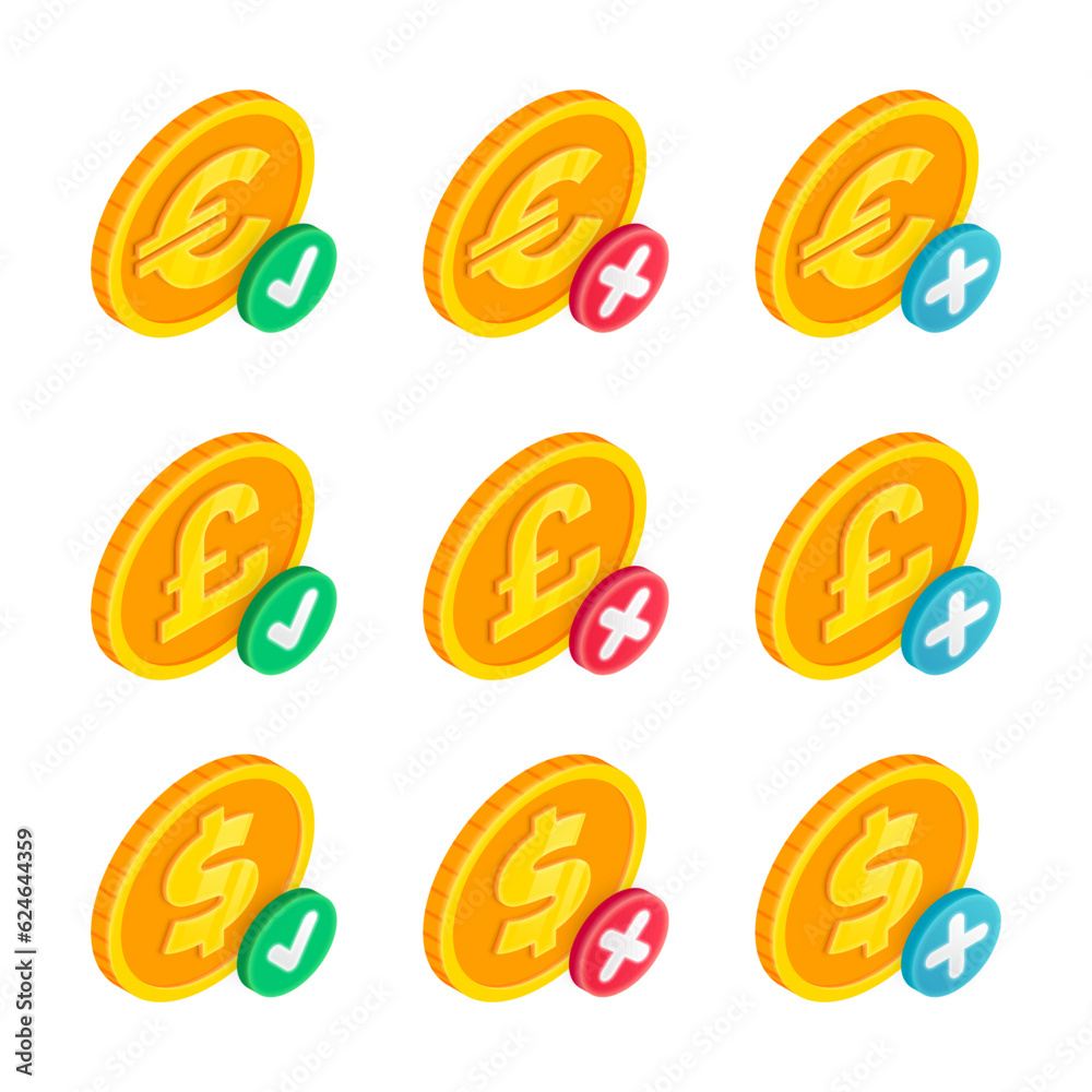 Vector Payment 3D icons set. Isometric gold dollar, euro, pound coins ...