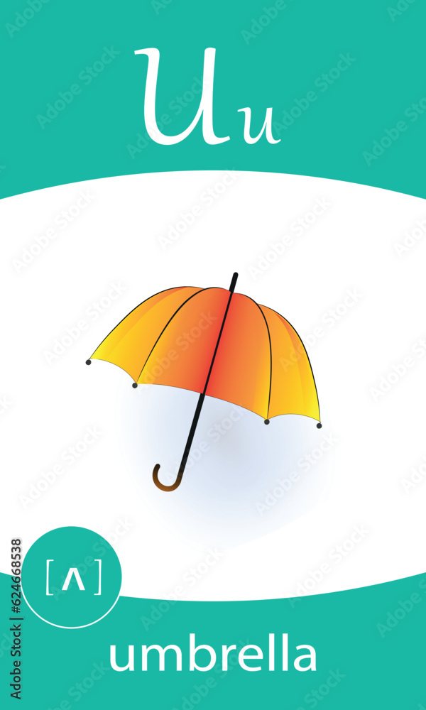 English alphabet flash card. Letter U study - umbrella. Kids ABC cards ...