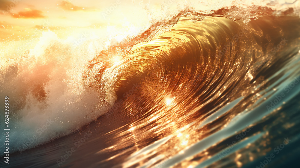 golden ocean wave at sunset. Generative AI Stock Illustration | Adobe Stock