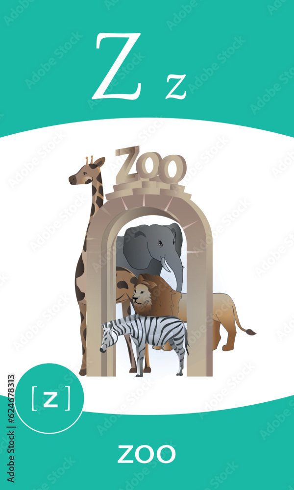 English alphabet flash card. Letter Z study - zoo. Kids ABC cards ...