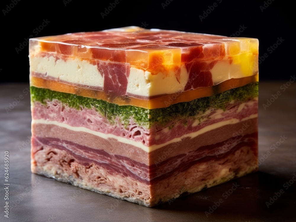 Terrine with layers of various ingredients and a portion already ...