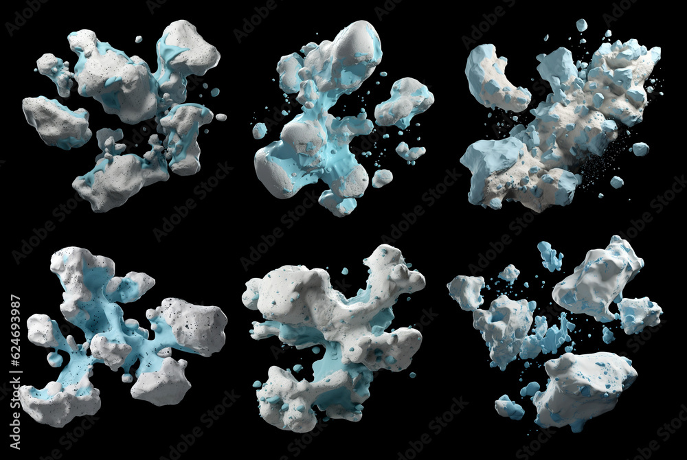 Flying asteroid explosion. Levitating white stone shatters into pieces ...