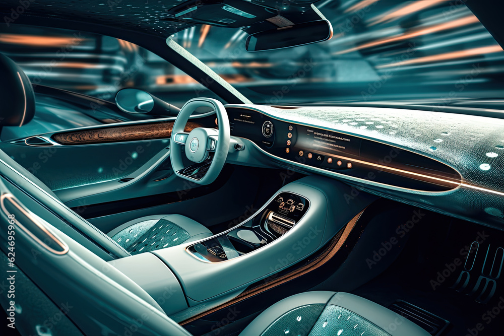 Inside futuristic car. Neon auto, modern interior and road grid ...
