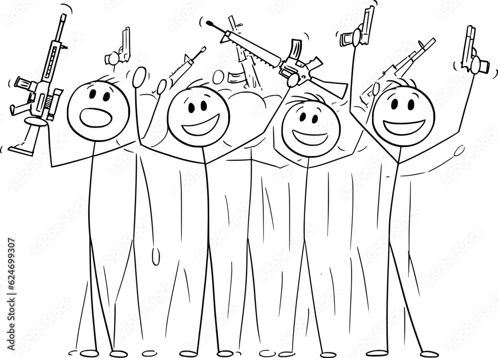 Positive Dangerous Armed Crowd with Guns , Vector Cartoon Stick Figure ...