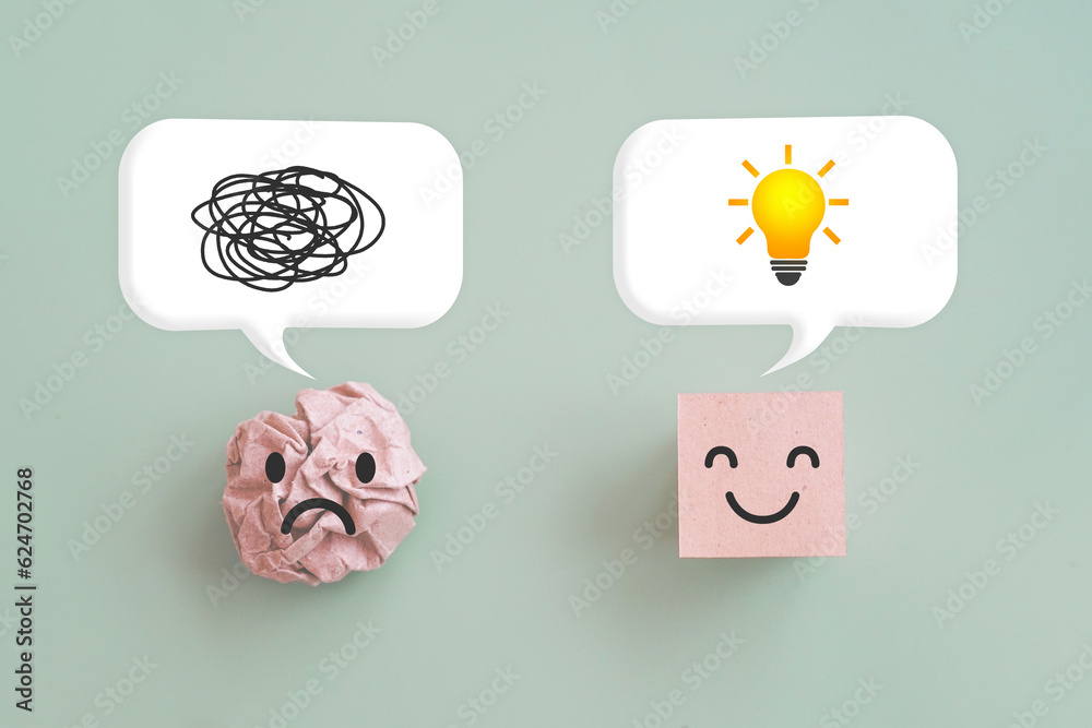 unhappy face on crumpled paper and happy on smooth with a tangle of ...