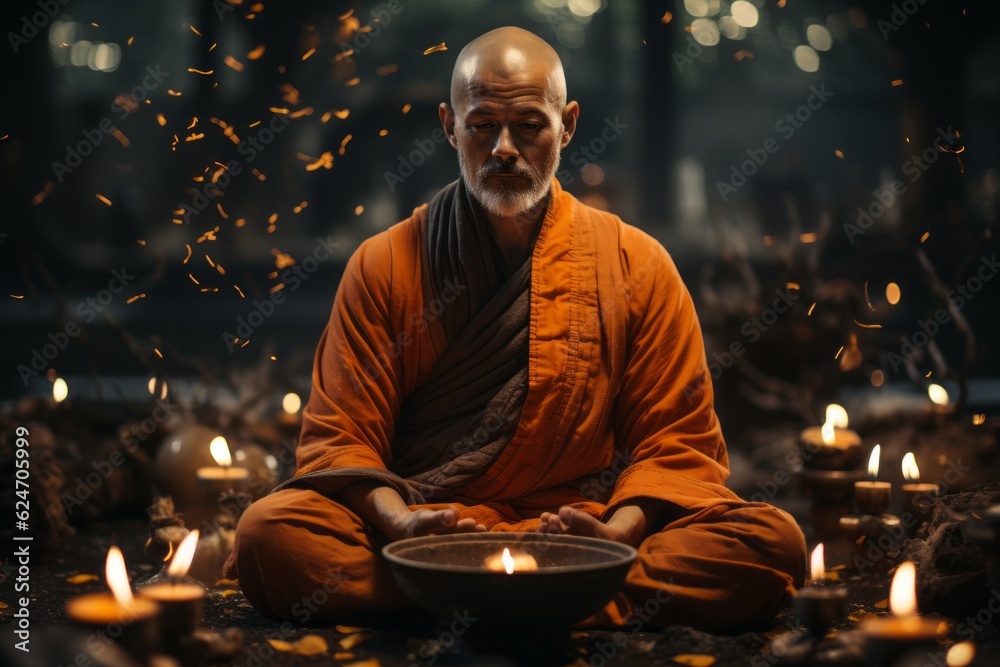 Buddhist monk meditating in a peaceful temple setting, symbolizing ...