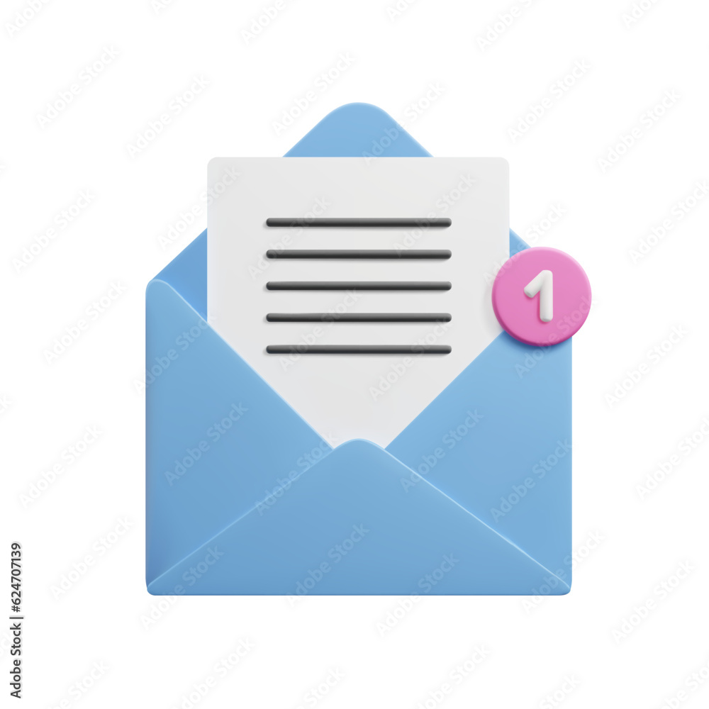 3D mail letter envelope new message decor element. Cute cartoon style ...