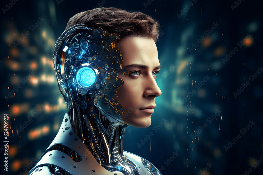 Male android face. Artificial intelligence concept. Futuristic robot ...