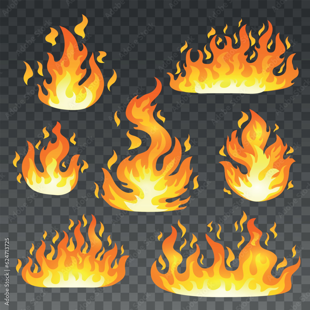 Set of cartoon fire flames, isolated on transparent background. Vector ...