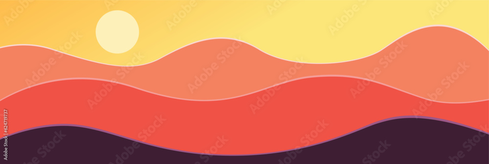 Vector drawing of a sunset in the mountains. Drawing for banner, poster ...