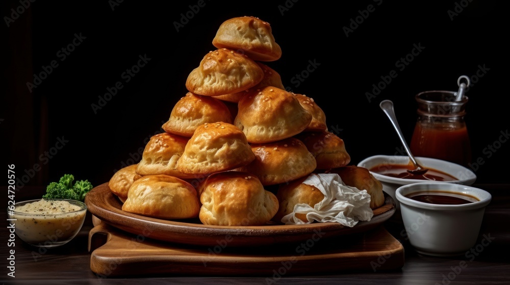 Gougères piled high on a plate accompanied by dipping sauces and ...