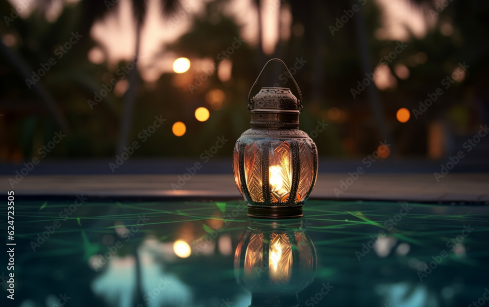 Photo A luminous Ramadan glass lantern at night floating over a pool of water with a b MUS GRAPHIC Posters tableaux et papiers peints Europosters