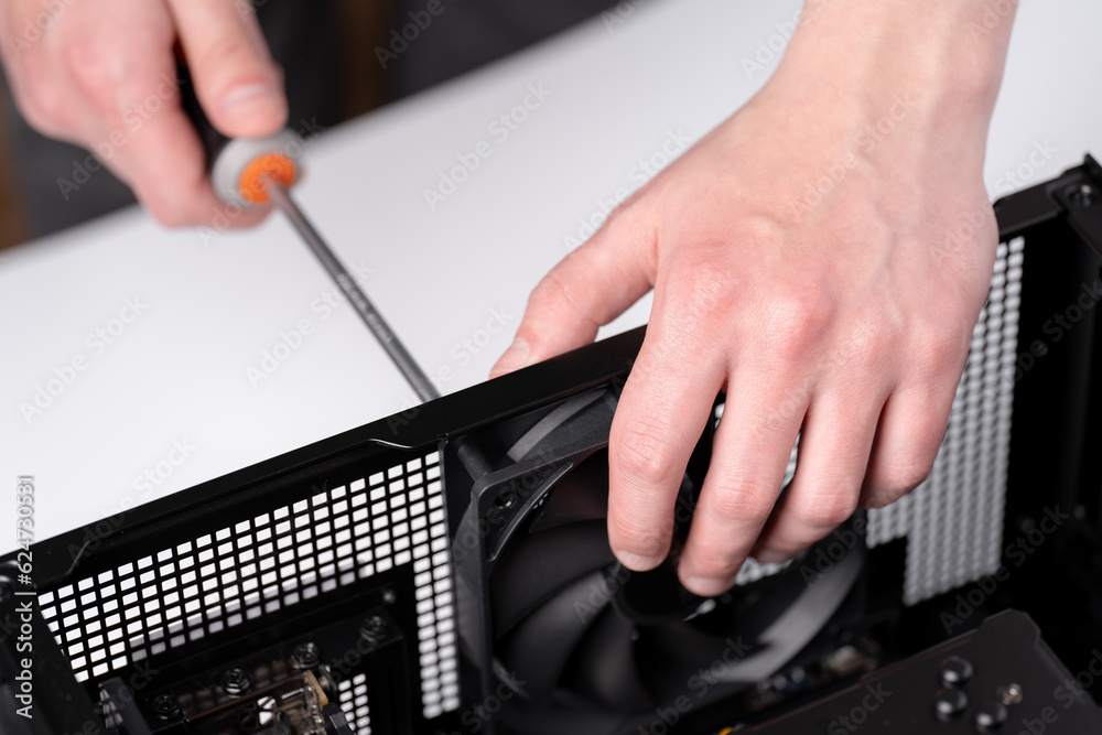 Computer fan. DDR4. Modern case cooling system. Installation of HTPC ...