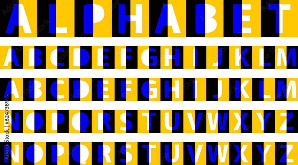 English alphabet with visual illusion of movement left and right. Blue ...