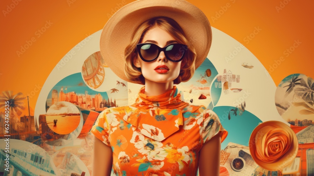 Fashion woman wearing 60s retro style summer dress, sunglasses and hat ...