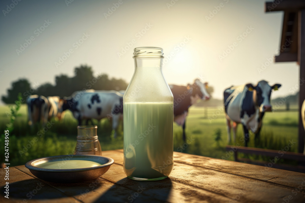 A sunny morning on a dairy farm. Fresh milk in a glass jug on a wooden ...
