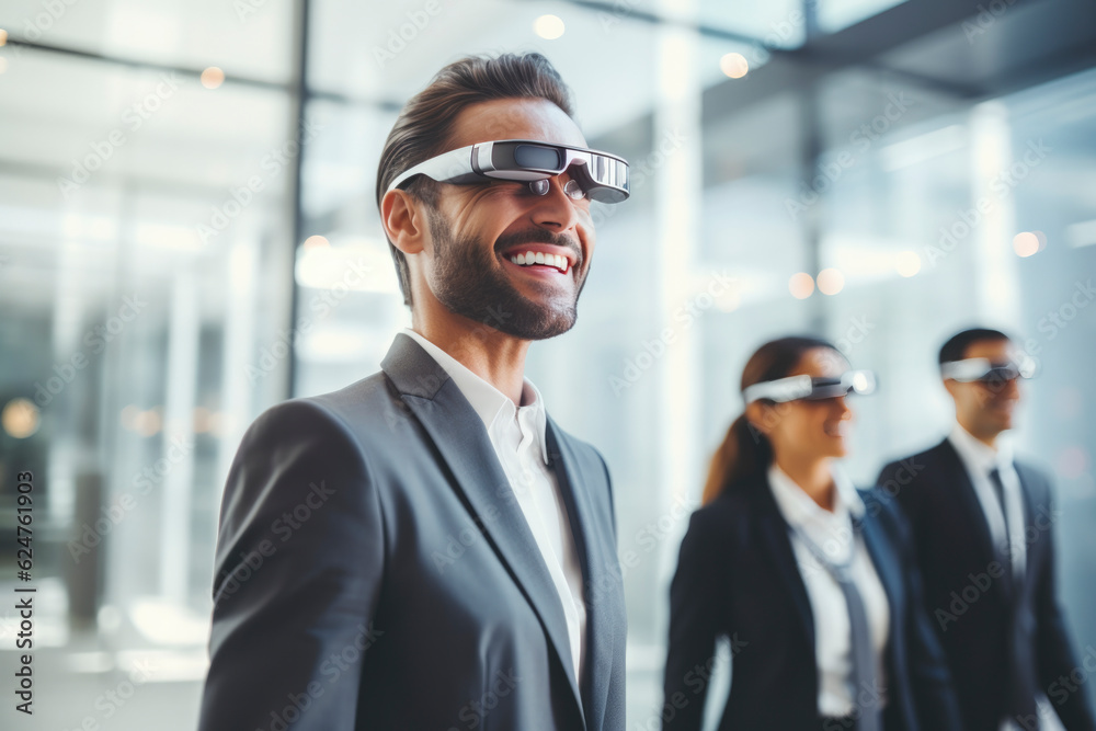 business person in a suit deeply engaged with VR glasses, exploring a ...
