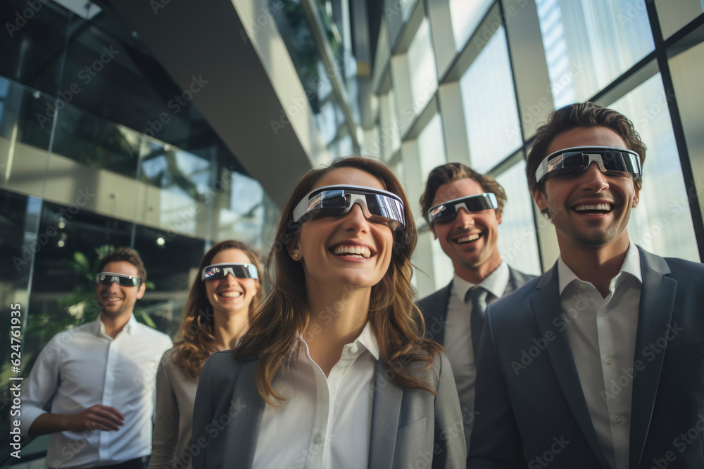business person in a suit deeply engaged with VR glasses, exploring a ...