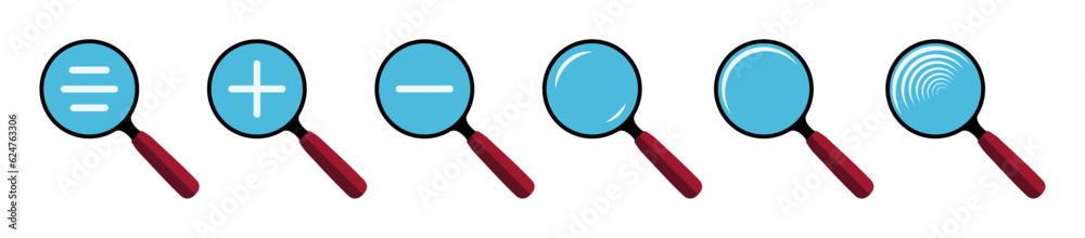 Zoom magnifier button vector design set. 3d magnifying loupe glass icon ...