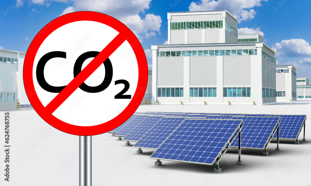 Solar energy. Reducing CO2 emissions. Solar panels near factory ...