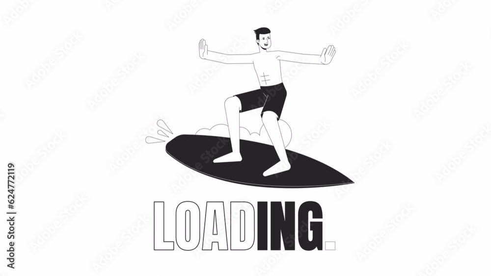 Happy surfer man on wave bw loading animation. Surf beach. Guy with ...
