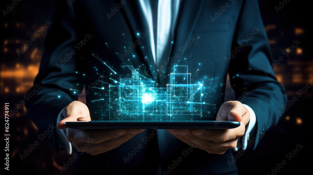 man's hand in digital, IoT, AI chatbot technology, smart devices, VPN ...