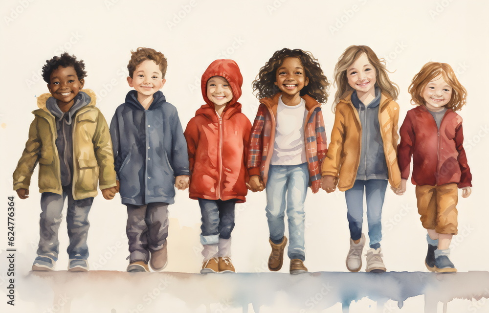 diverse happy kids holding hands in a line, watercolor painting on ...