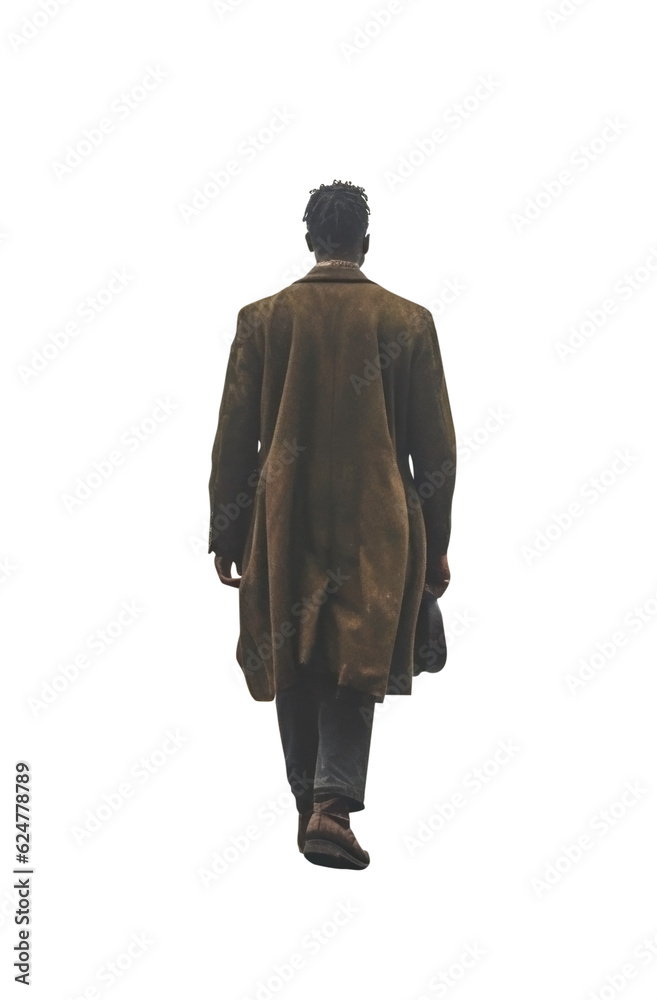 african american black man walking away wearing a long jacket in a ...