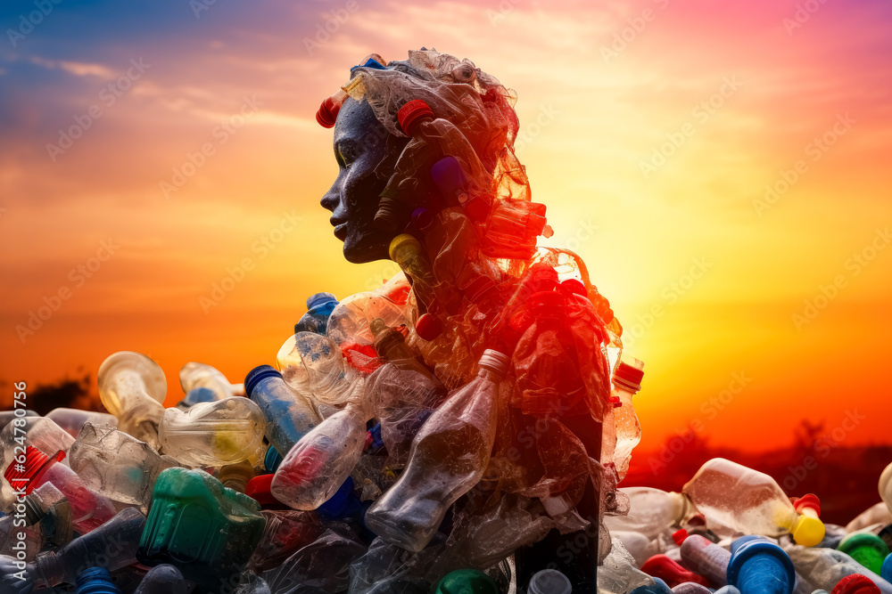 Female body made of of plastics bottles and other plastic waste ...