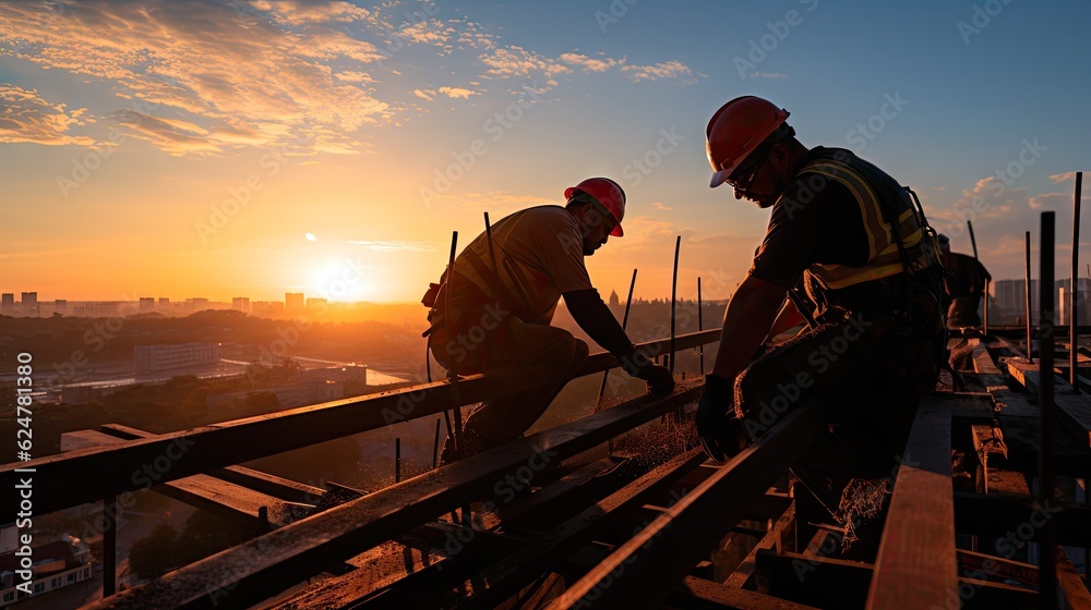 Silhouette of workers on a construction site against a sunset sky ...