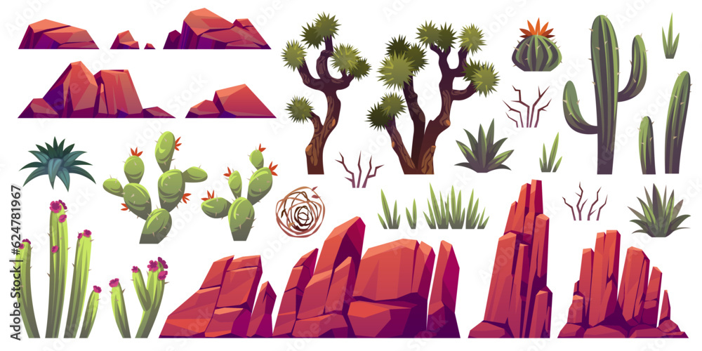 Desert elements. Cartoon stones of different shapes, plants of arid ...