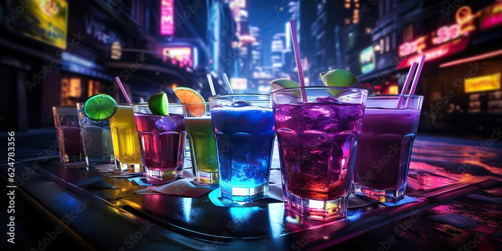 AI Generated. AI Generative. Neon glowing cocktail glass mug bar pub in ...