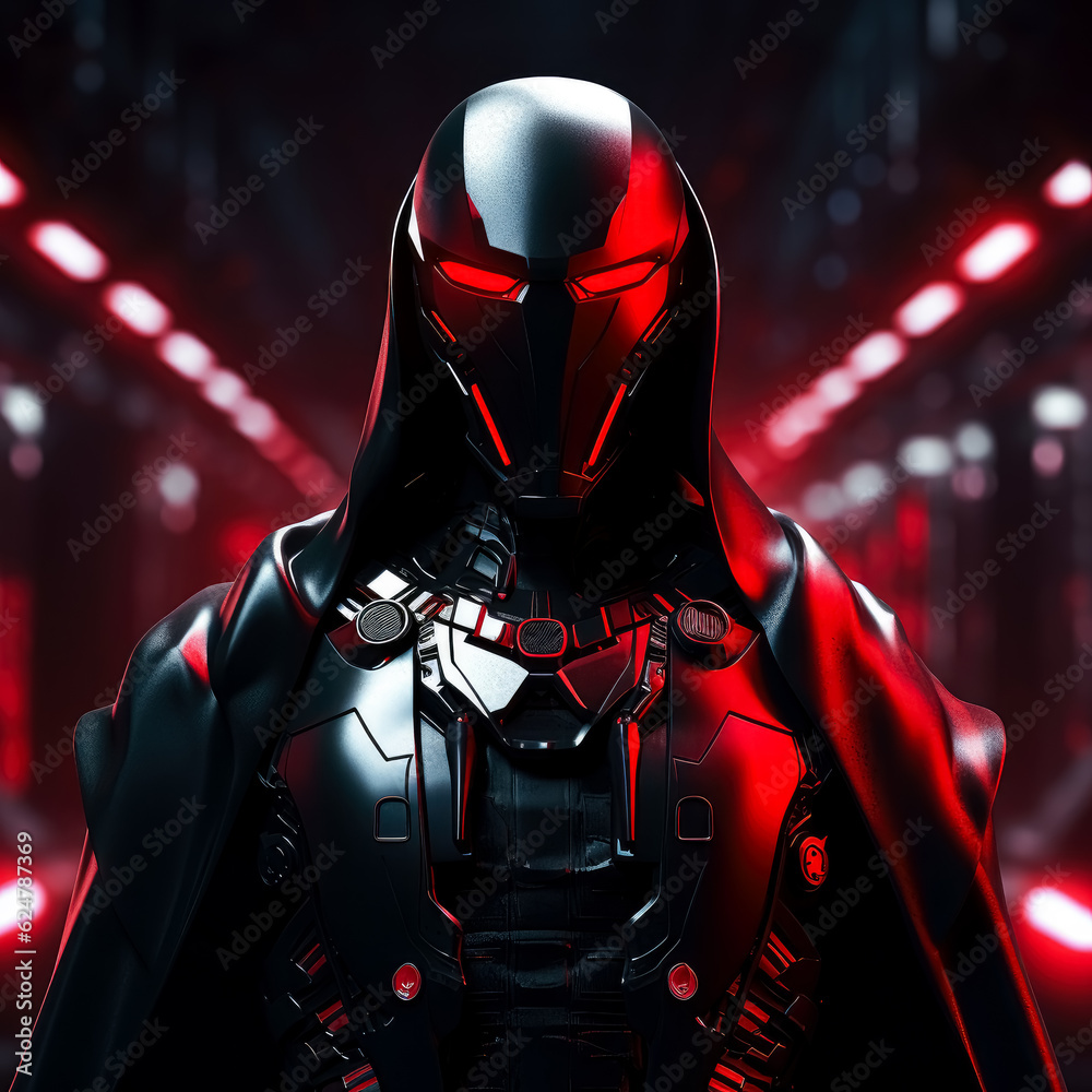 Comic superhero in metal red armor with red lights behind him, in the ...