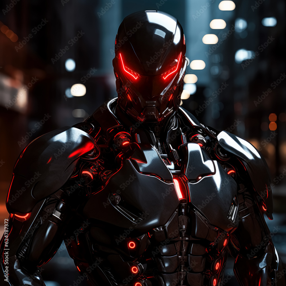 Comic superhero in metal red armor with red lights behind him, in the ...